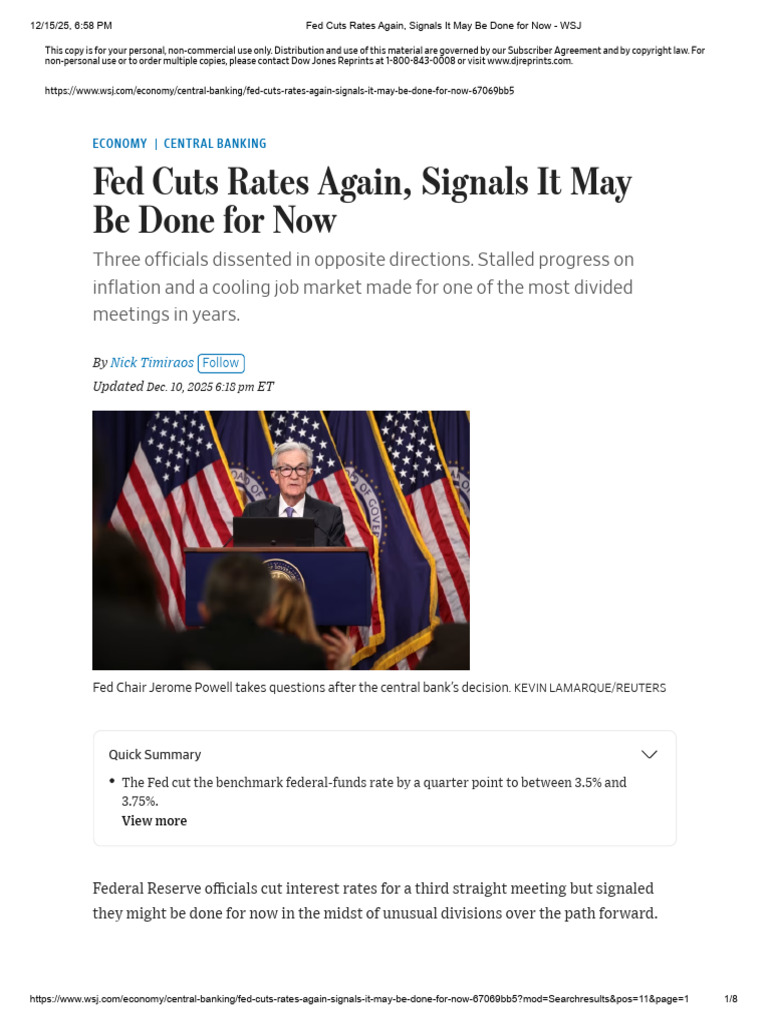 Fed Cuts Rates Again, Signals It May Be Done for Now - WSJ | PDF ...