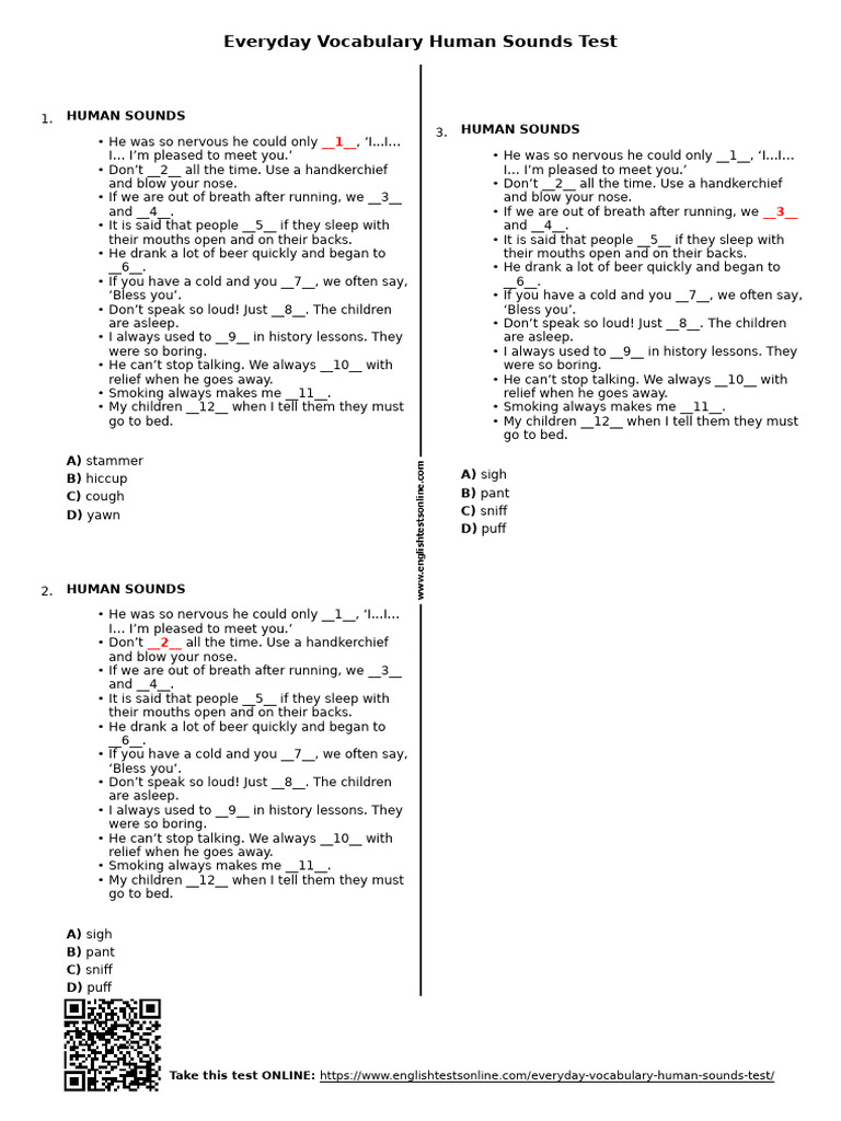 Human Sounds Vocabulary Test | PDF | Snoring | Chess Openings