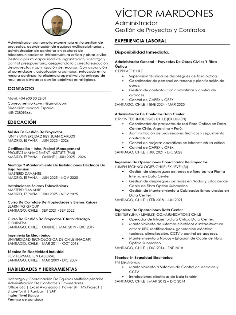 Víctor Mardones CV-ADM2025 | PDF | Gestión de proyectos | Chile