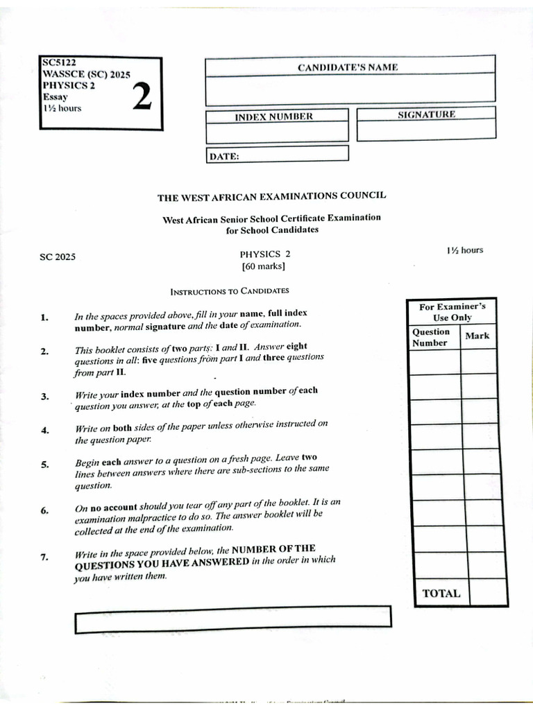 Wassce 2025 Physics Past Questions p2 | PDF
