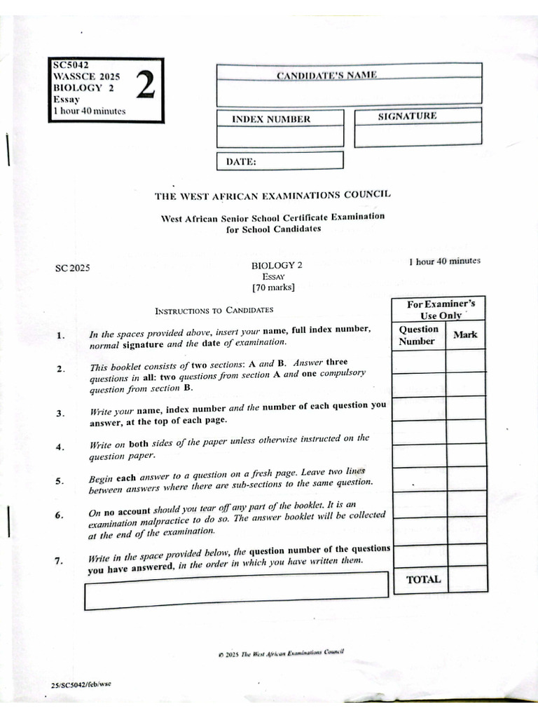 Wassce 2025 Biology Past Questions Paper 2 and 1 | PDF
