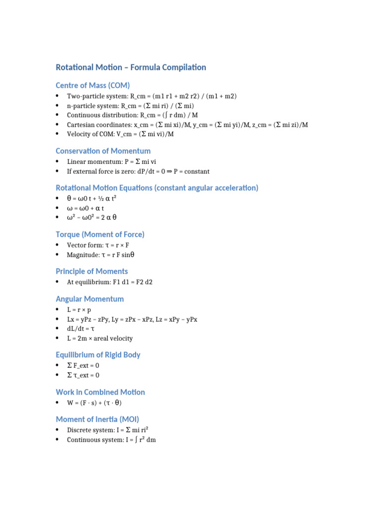 Rotational Motion Formulas | PDF