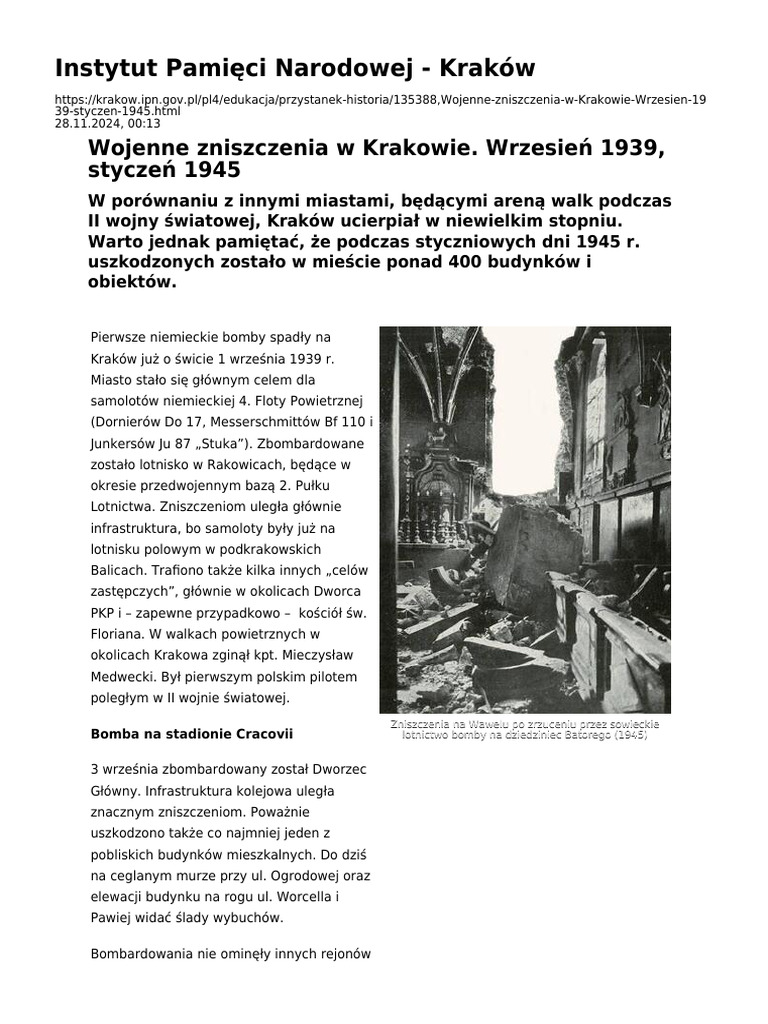Wojenne Zniszczenia w Krakowie Wrzesien 1939 Styczen 1945 | PDF