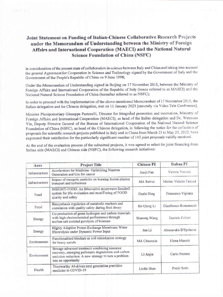 Joint Statement NSFC-MAECI Collaboration | PDF