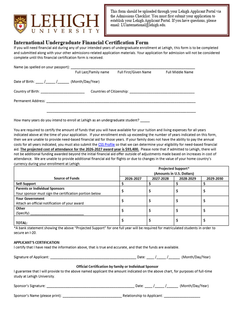 Lehigh International Financial Certification Form | PDF | Student ...