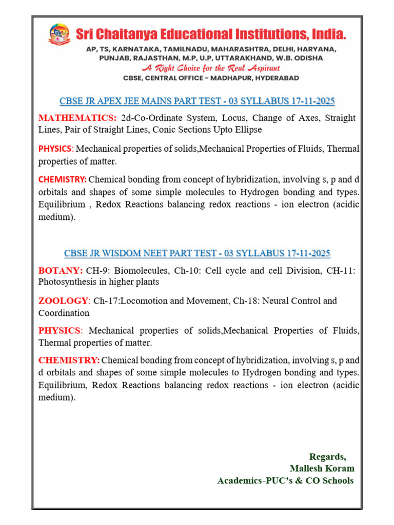 CBSE JEE & NEET Part Test Syllabus 2025 | PDF