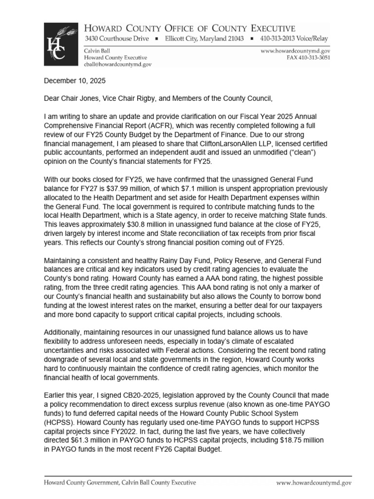 Letter by Executive Ball over Howard County surplus spending | PDF ...