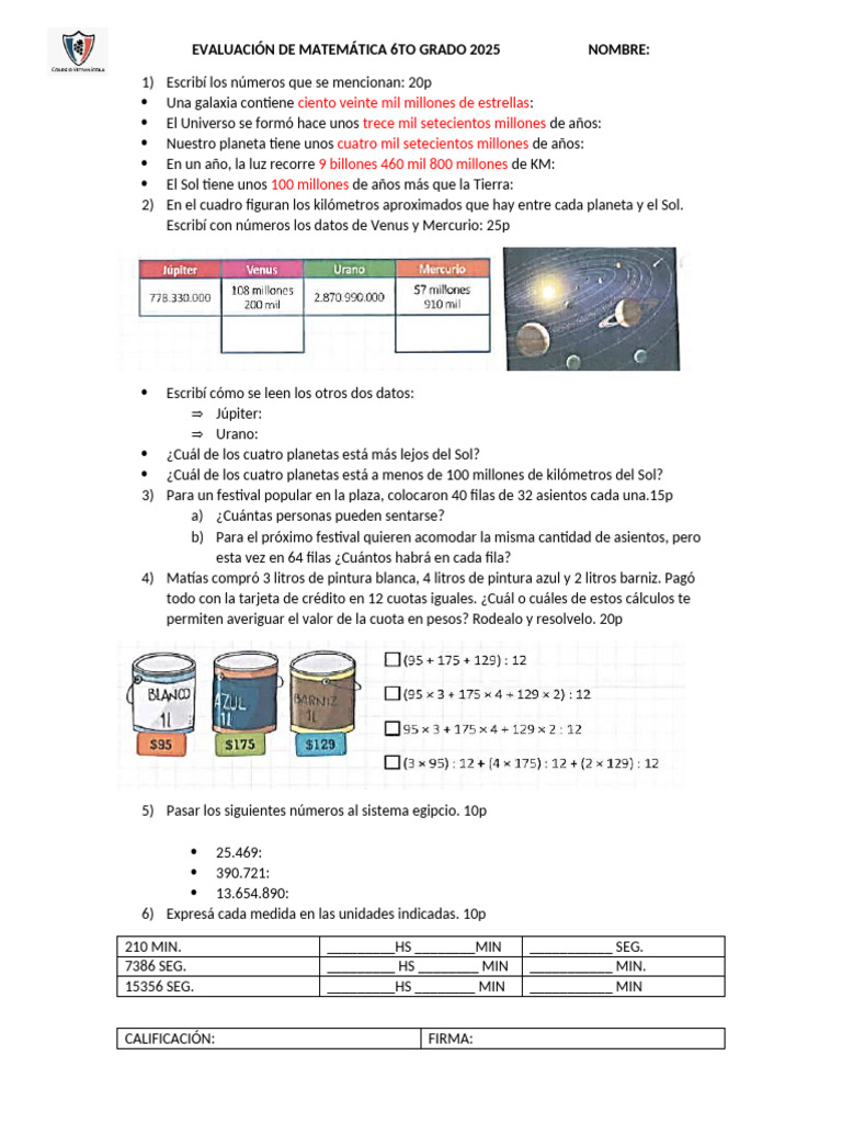 Evaluación de Matemáticas 6to Grado 2025 | PDF