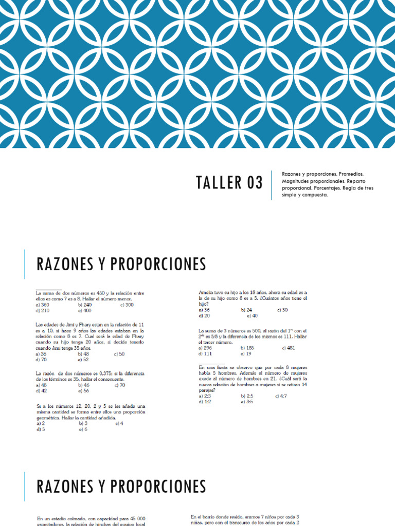 Taller 03 Razones y Proprociones. Promedios. Magnitudes Proporcionales ...