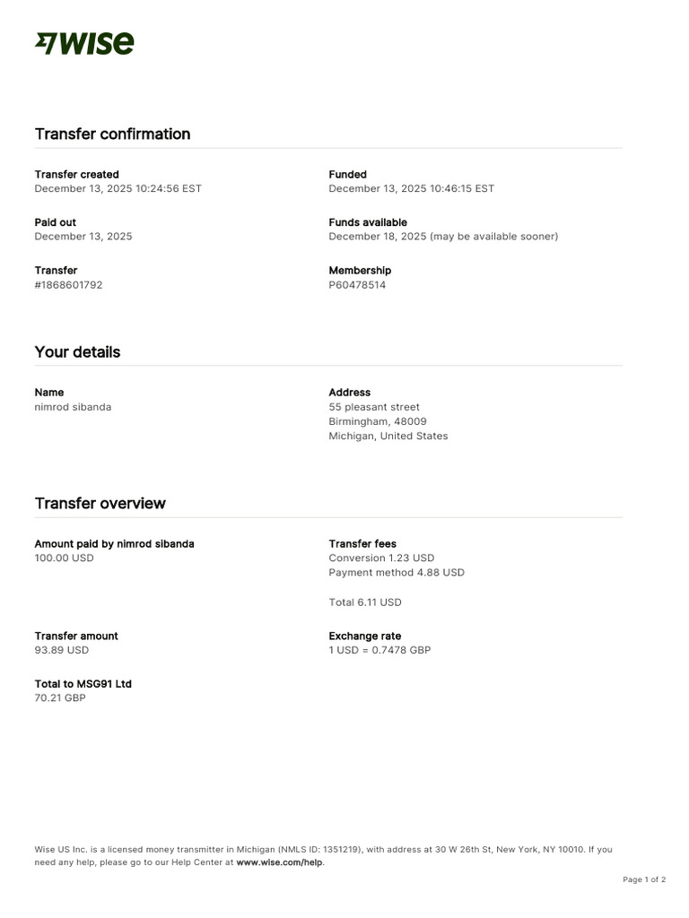 Wise Transfer Confirmation Transfer 1868601792 7016898846 En | PDF ...