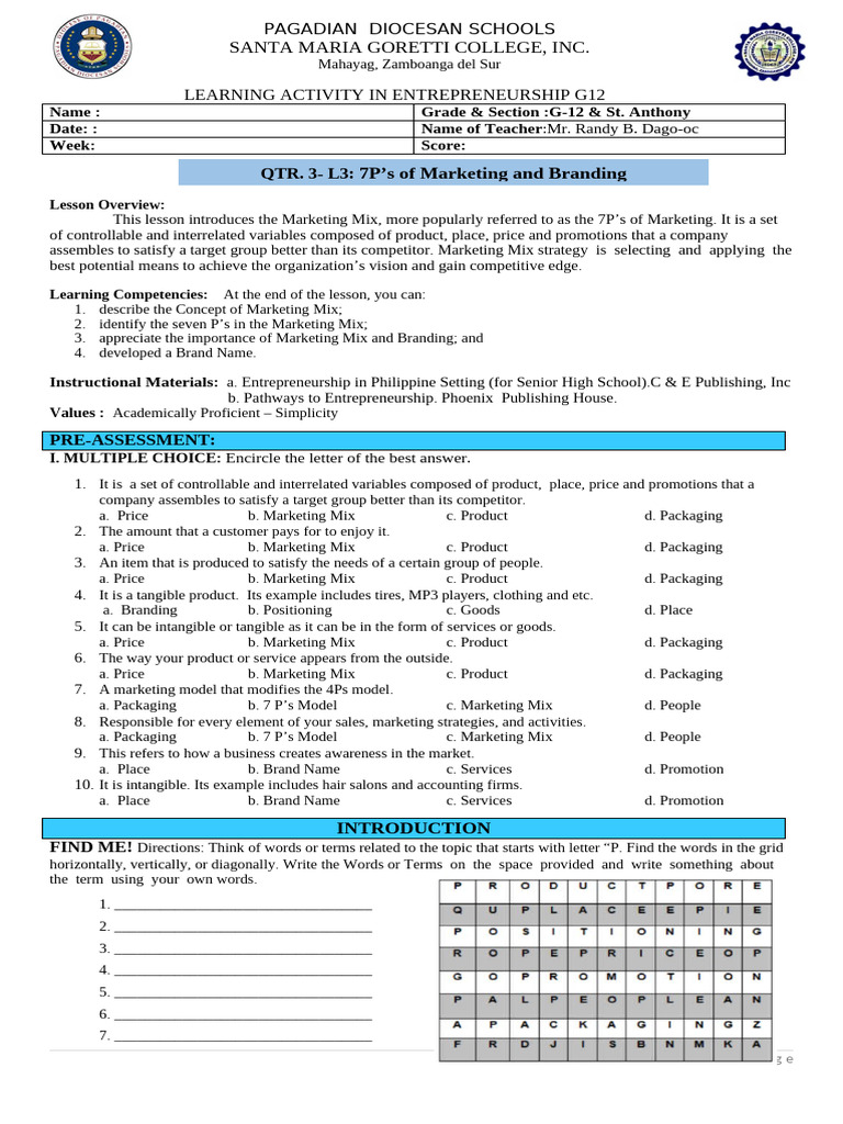 ENTREP Q3 L3 7Ps of Marketing and Branding 1 | PDF | Marketing | Sales