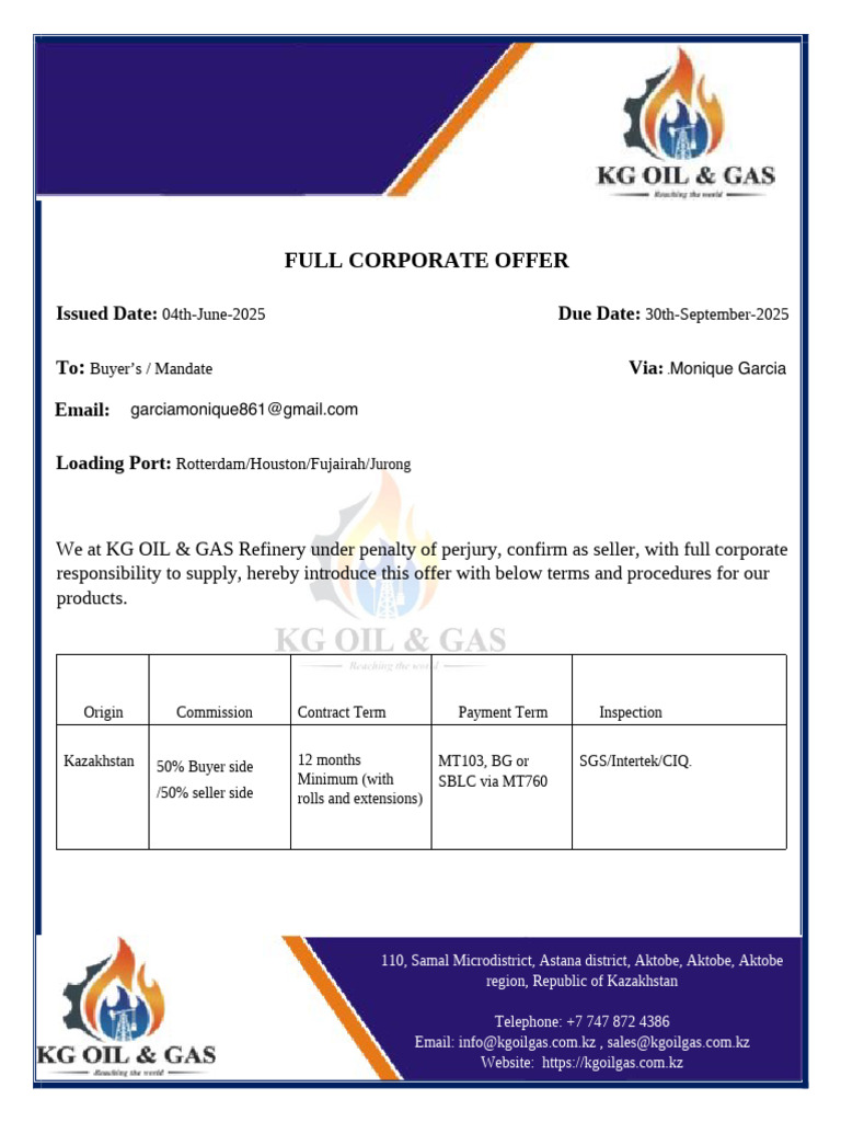 KG Oil & Gas Corporate Offer 2025 | PDF | Letter Of Credit | Jet Fuel