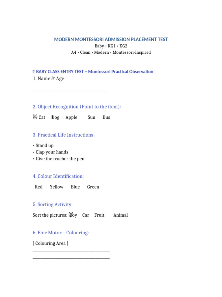 Modern Montessori Admission Test | PDF