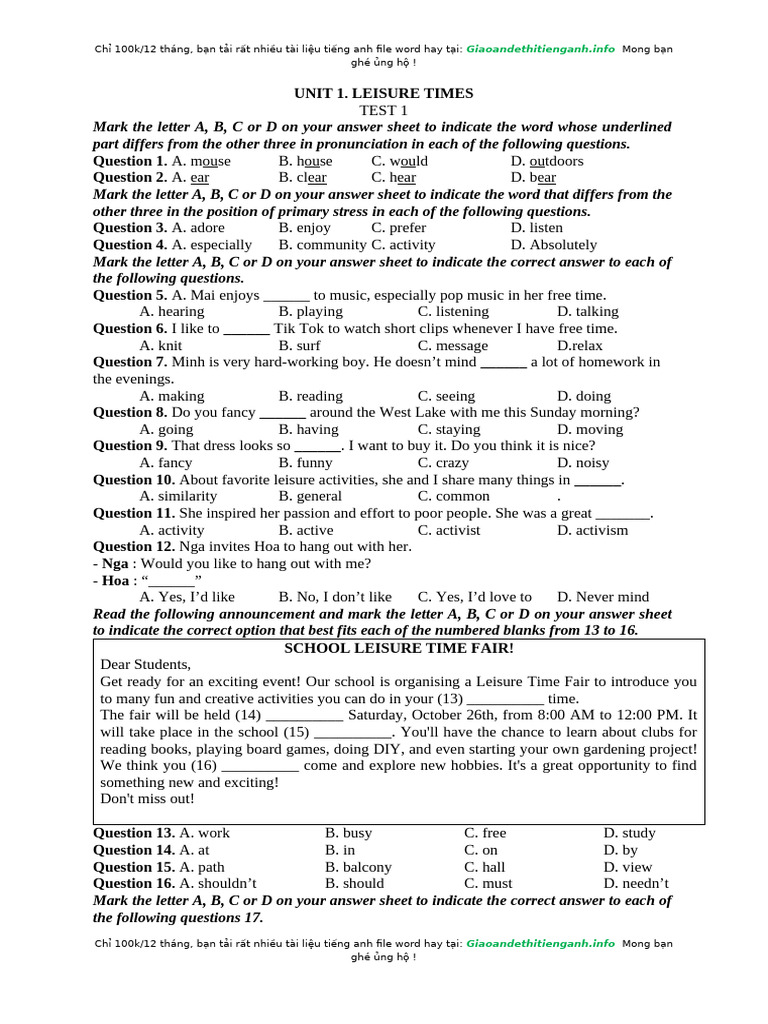 English Leisure Activities Test Questions | PDF | Shower | Social Media
