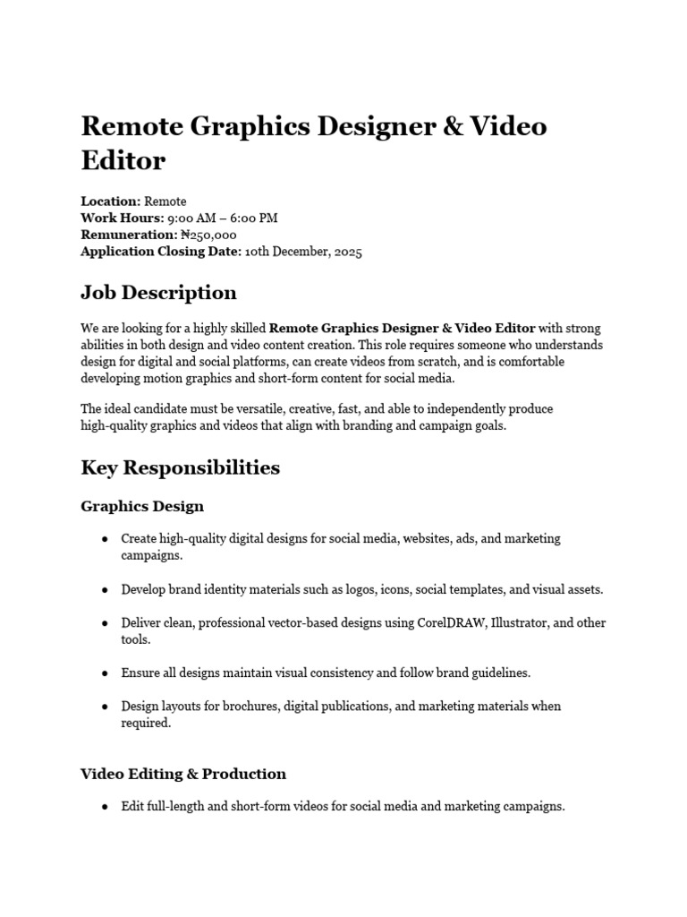 Remote Graphics Designer & Video Editor | PDF | Graphics | Brand