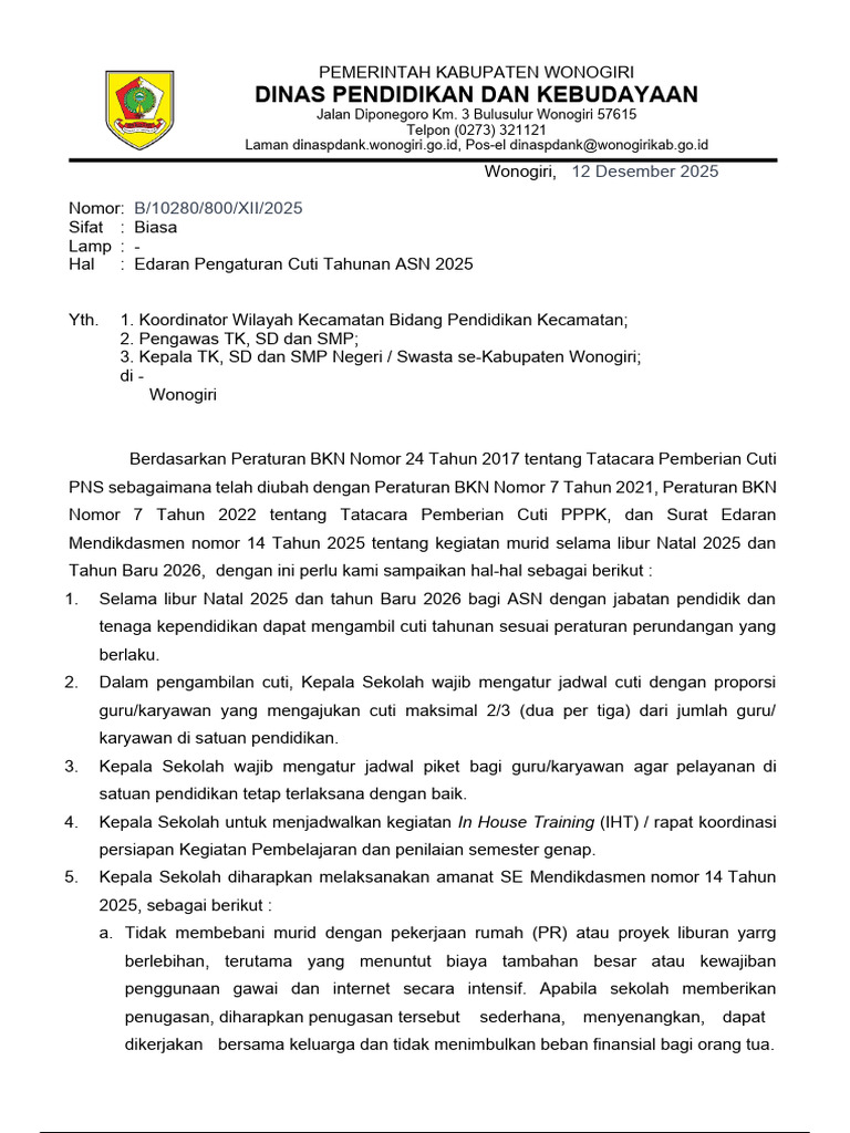 Edaran Cuti ASN Wonogiri 2025 | PDF