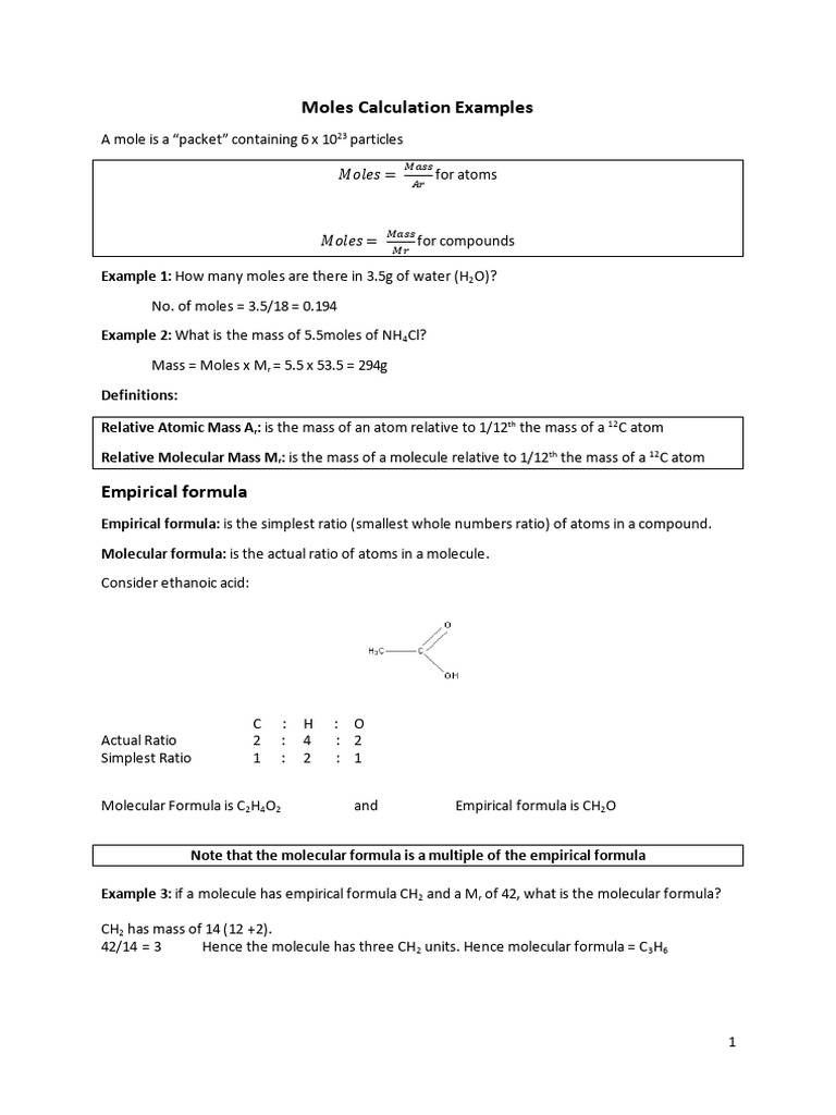 Moles Calculation Examples | PDF | Molecules | Mole (Unit)