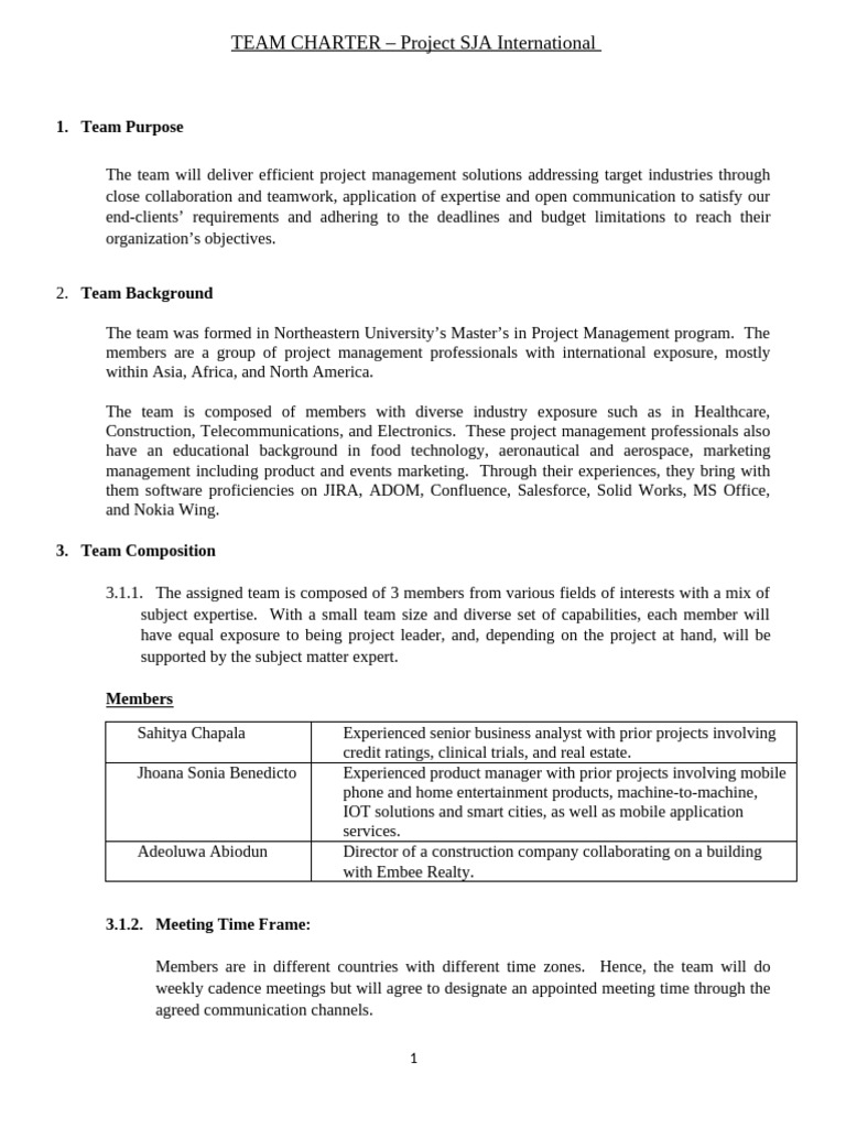 Project SJA International Team Charter | PDF | Microsoft Outlook ...