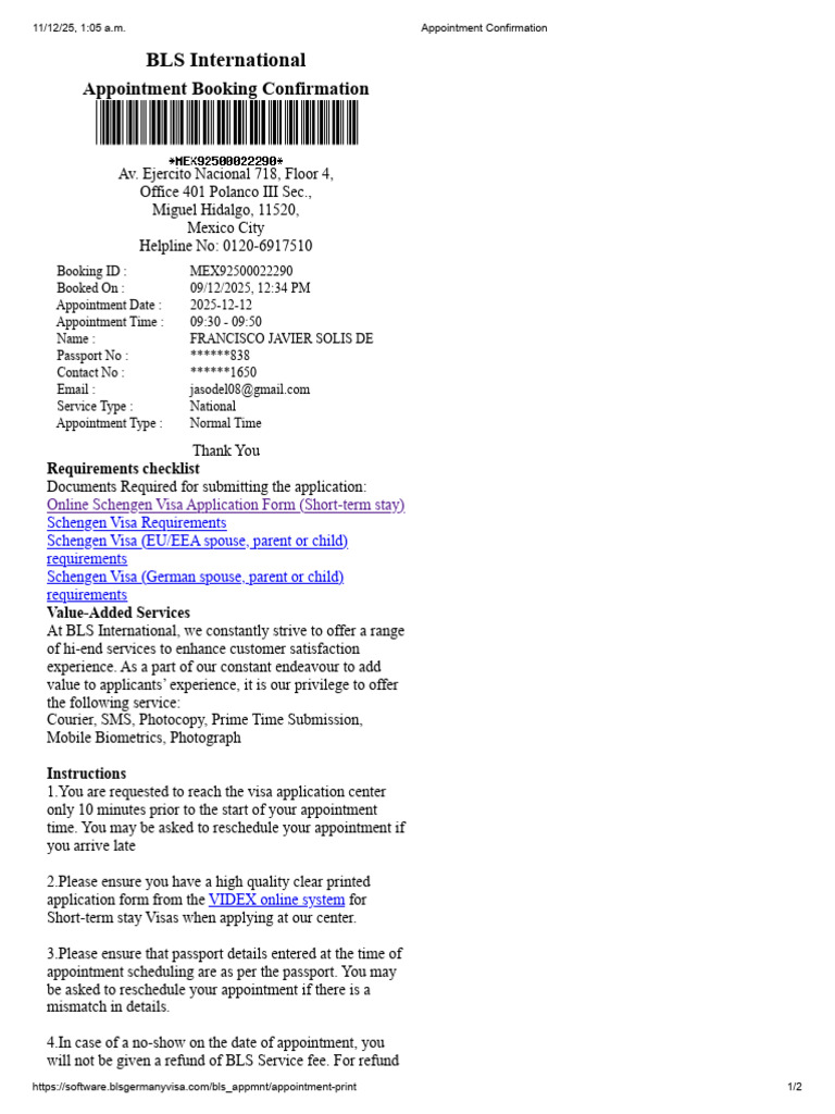 BLS International Appointment Confirmation | PDF | Travel Visa ...