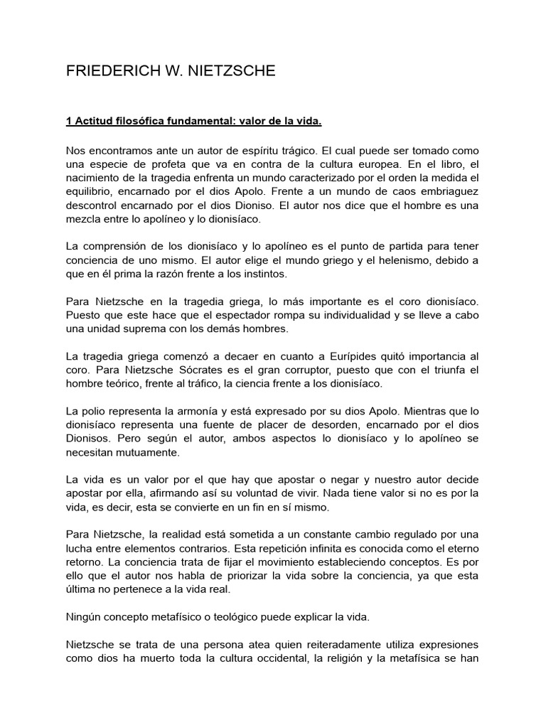 Friederich W. Nietzsche: 1 Actitud Filosófica Fundamental: Valor de La ...