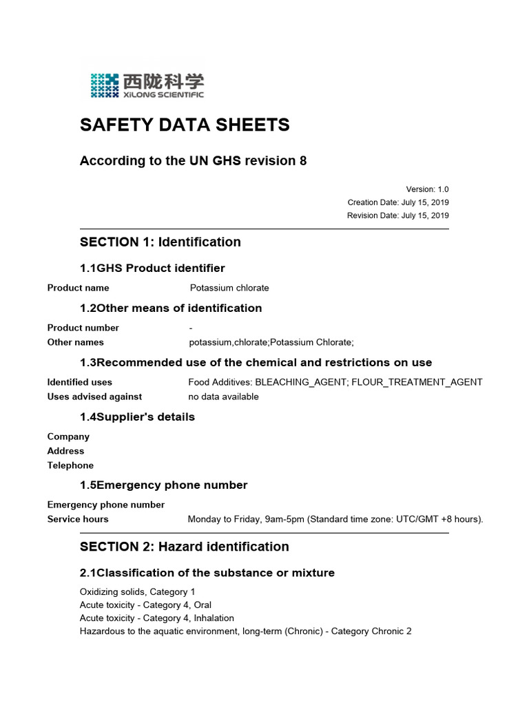 MSDS HYNC Ori Potassium Chlorate | PDF | Chlorine | Chemical Reactions
