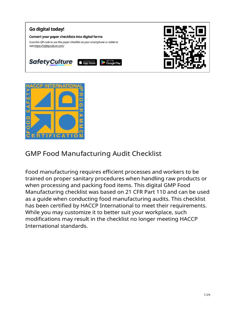 GMP Food Manufacturing Audit Checklist | PDF | Sanitation | Food Safety