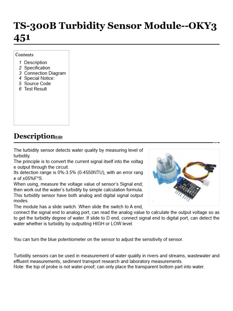TS-300B Turbidity Sensor Module Guide | PDF | Sensor | Digital Signal