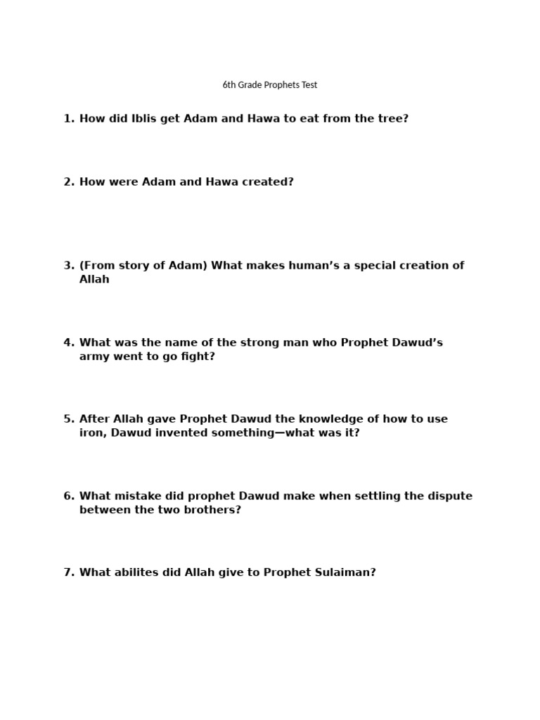 6th Grade Prophets of Allah Test | PDF