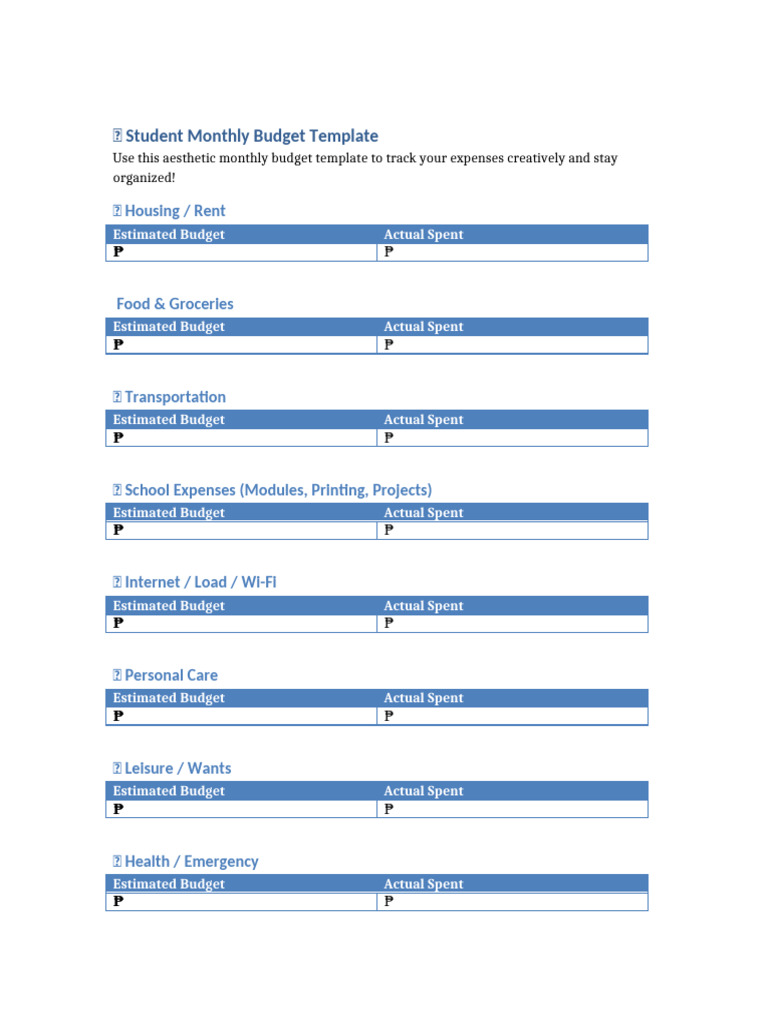 Student Monthly Budget Template | PDF