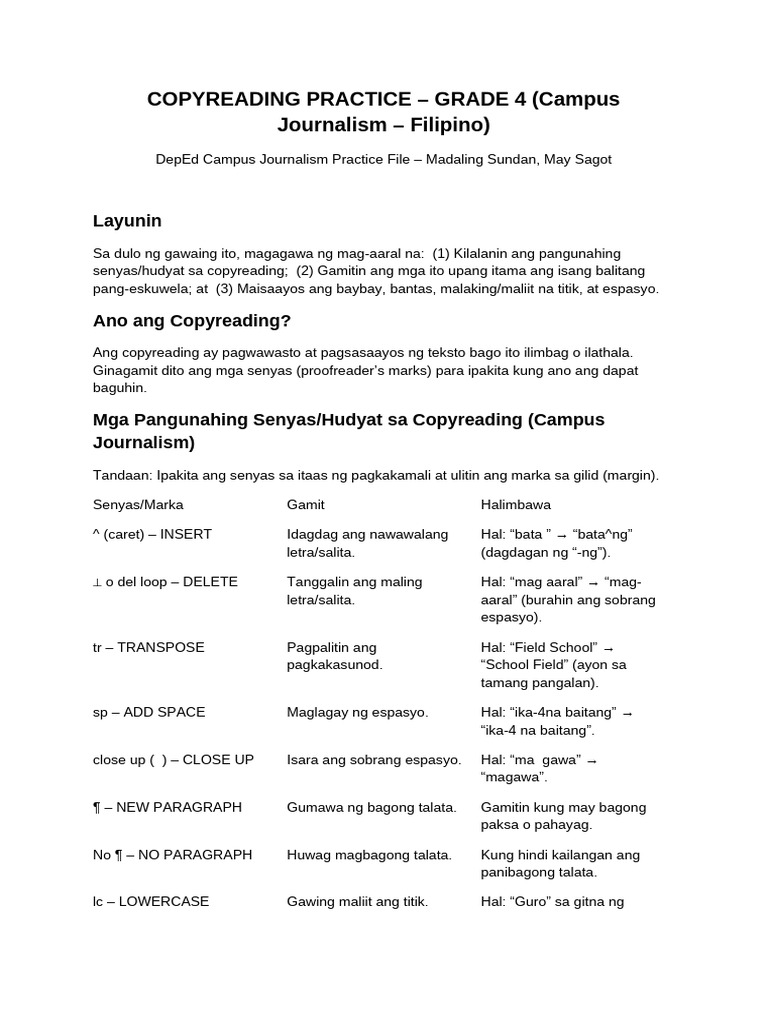 Copyreading Practice Grade4 Filipino | PDF