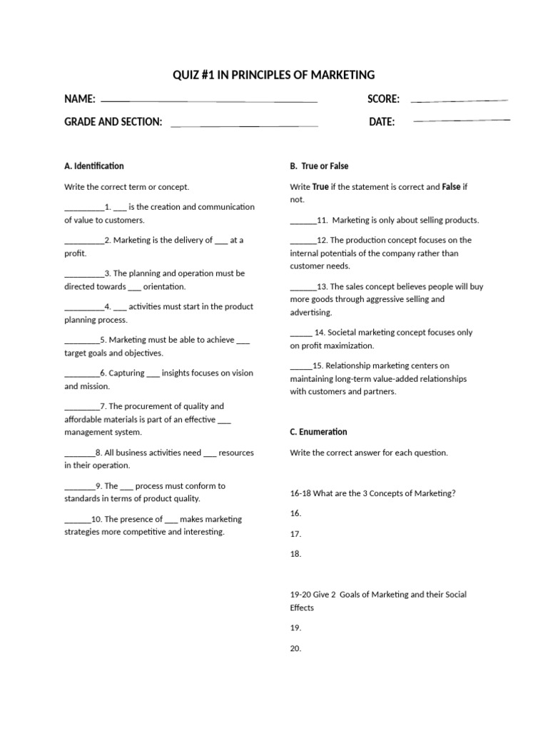 Principles of Marketing Quiz 1 | PDF
