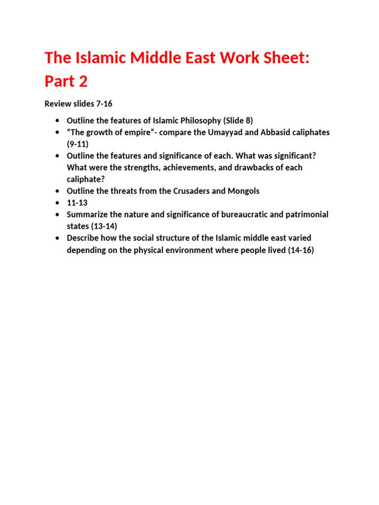 The Islamic Middle East Work Sheet Part 2 | PDF