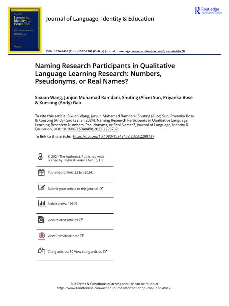 Naming Research Participants in Qualitative Language Learning Research ...