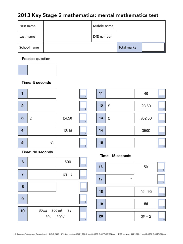 2013 Mental Maths Test Answer Sheet | PDF