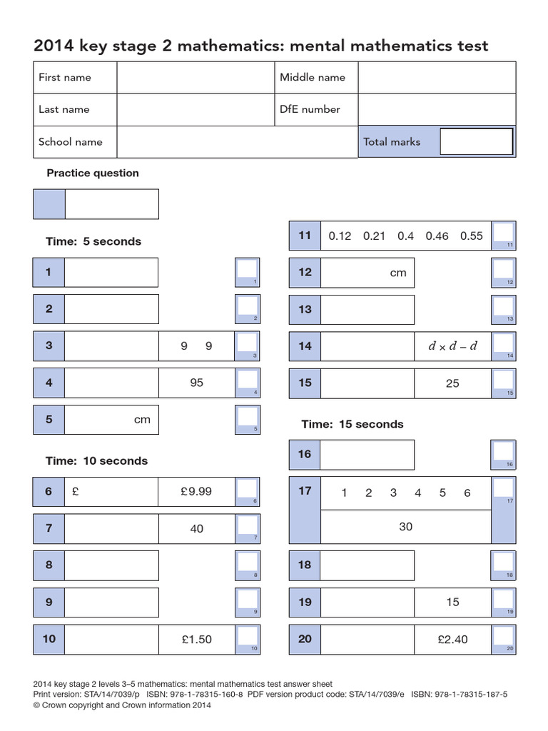 2014 Key Stage 2 Maths Test Practice | PDF