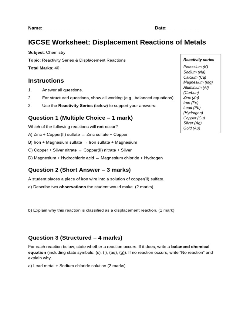 IGCSE Displacement Reactions Worksheet | PDF | Iron | Magnesium