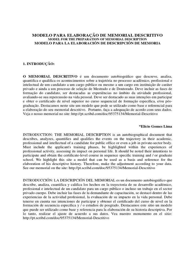 MODELO PARA ELABORAÇÃO DE MEMORIAL DESCRITIVO
