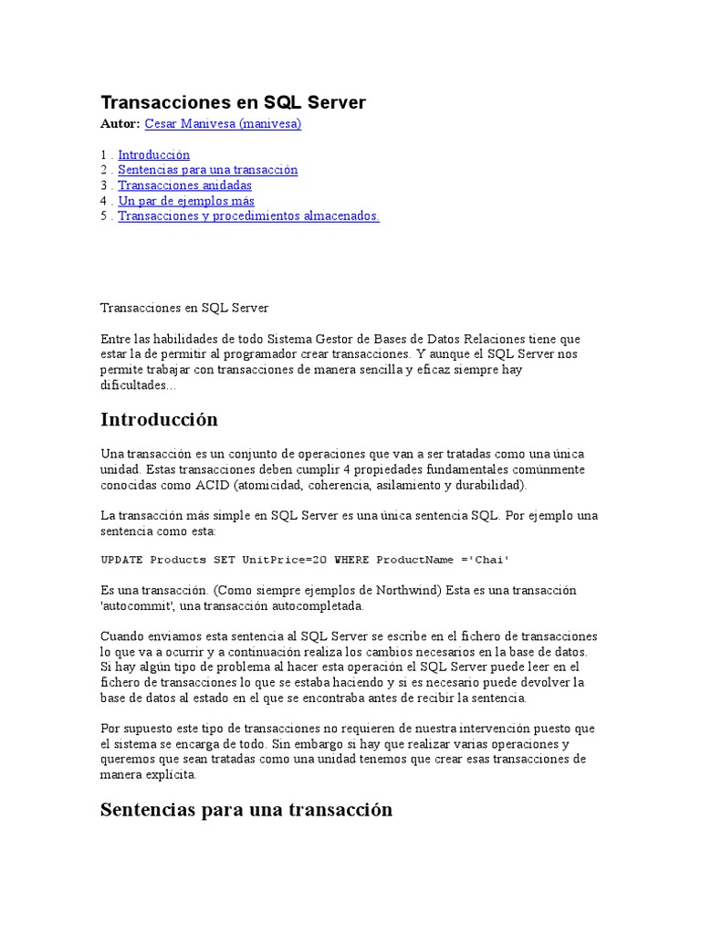 Transacciones en SQL | PDF | SQL | Servidor SQL de Microsoft
