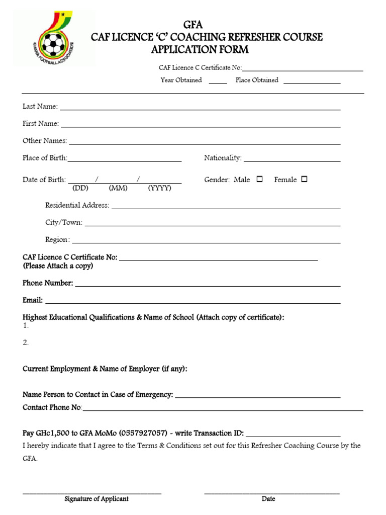 Gfa Caf Licence C Coaching Refresher Course Application Form September ...