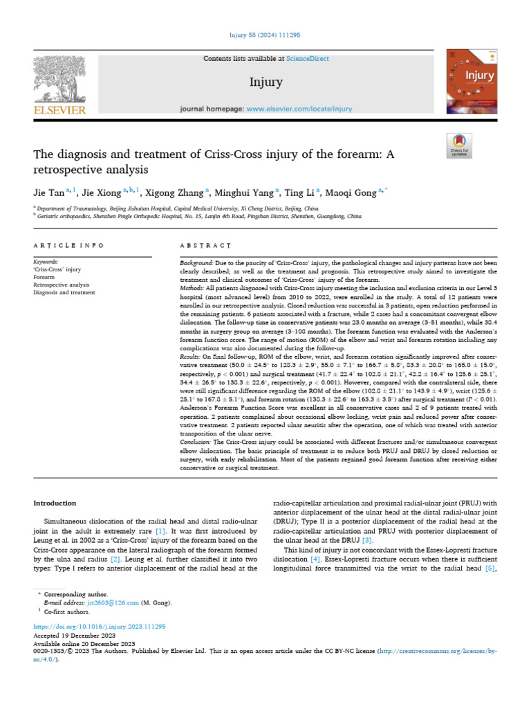 The Diagnosis and Treatment of Criss Cross Injury | PDF | Elbow ...
