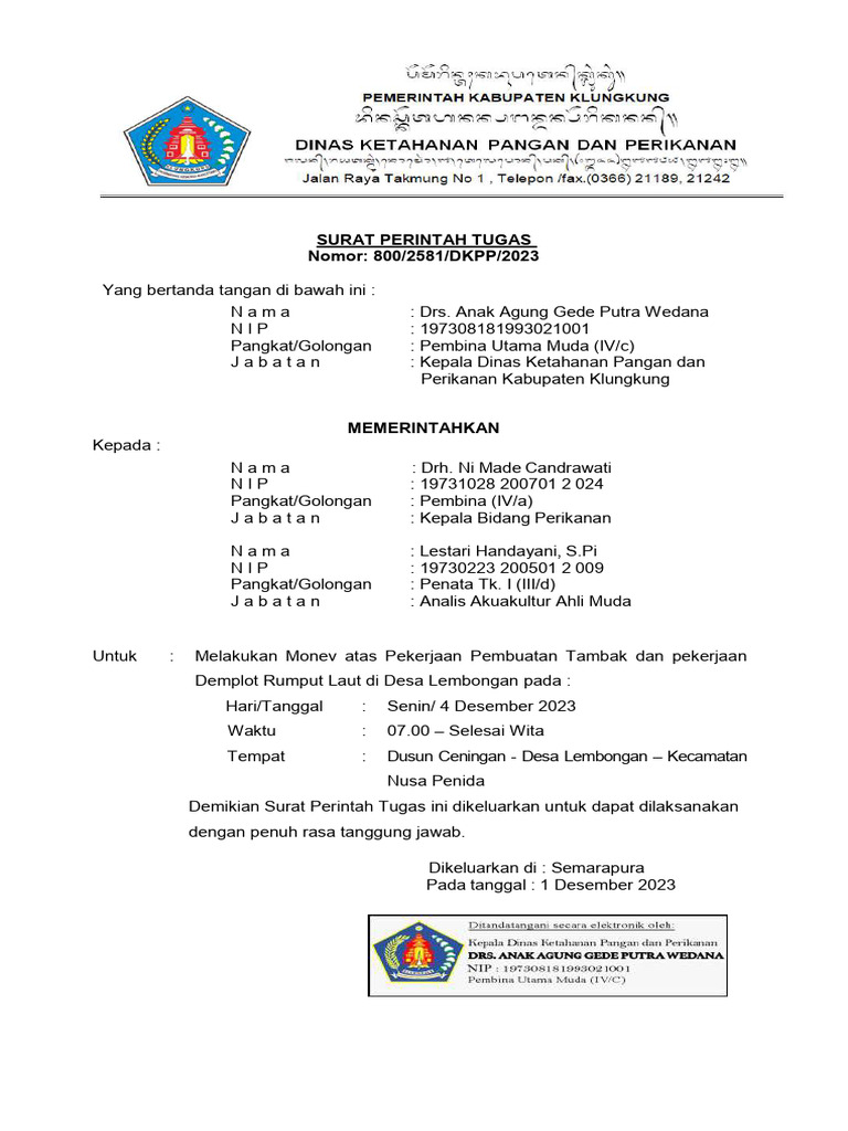 2581 - SPT Monev Pekerjaan Tambak Dan Demplot TGL 1 Des 2023 | PDF