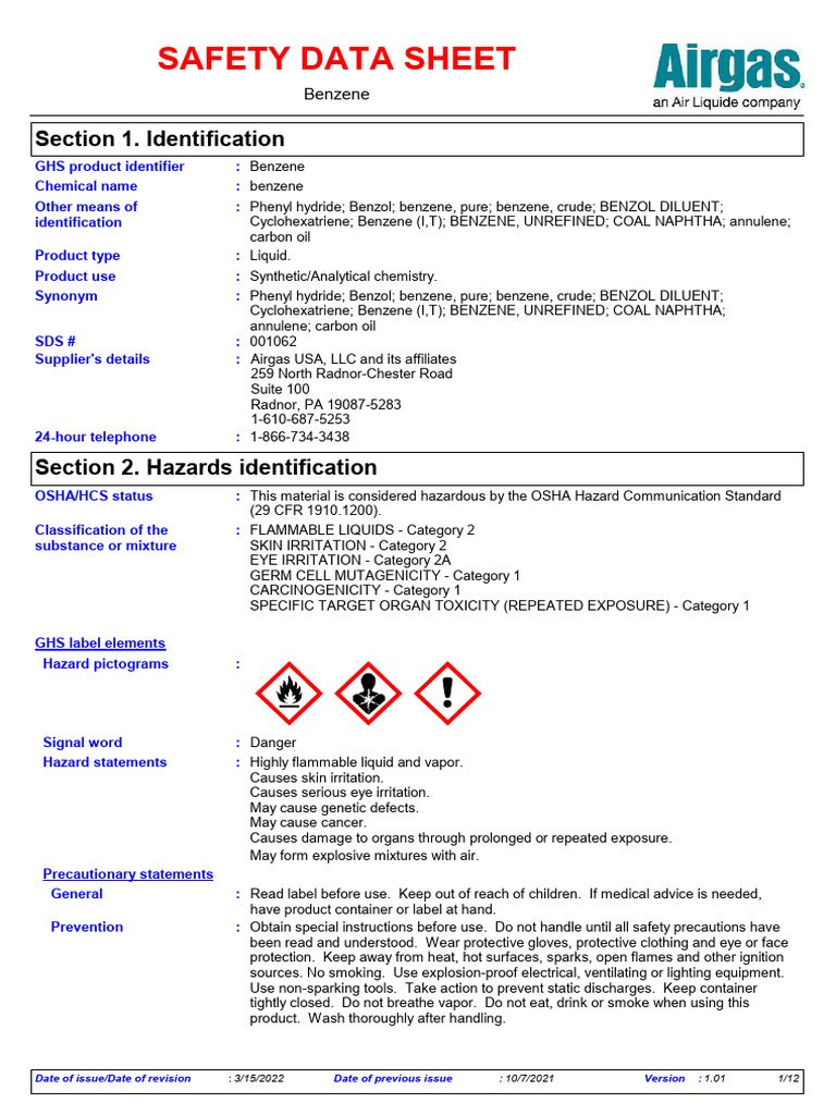 Msds Benzene | PDF | Benzene | Occupational Safety And Health
