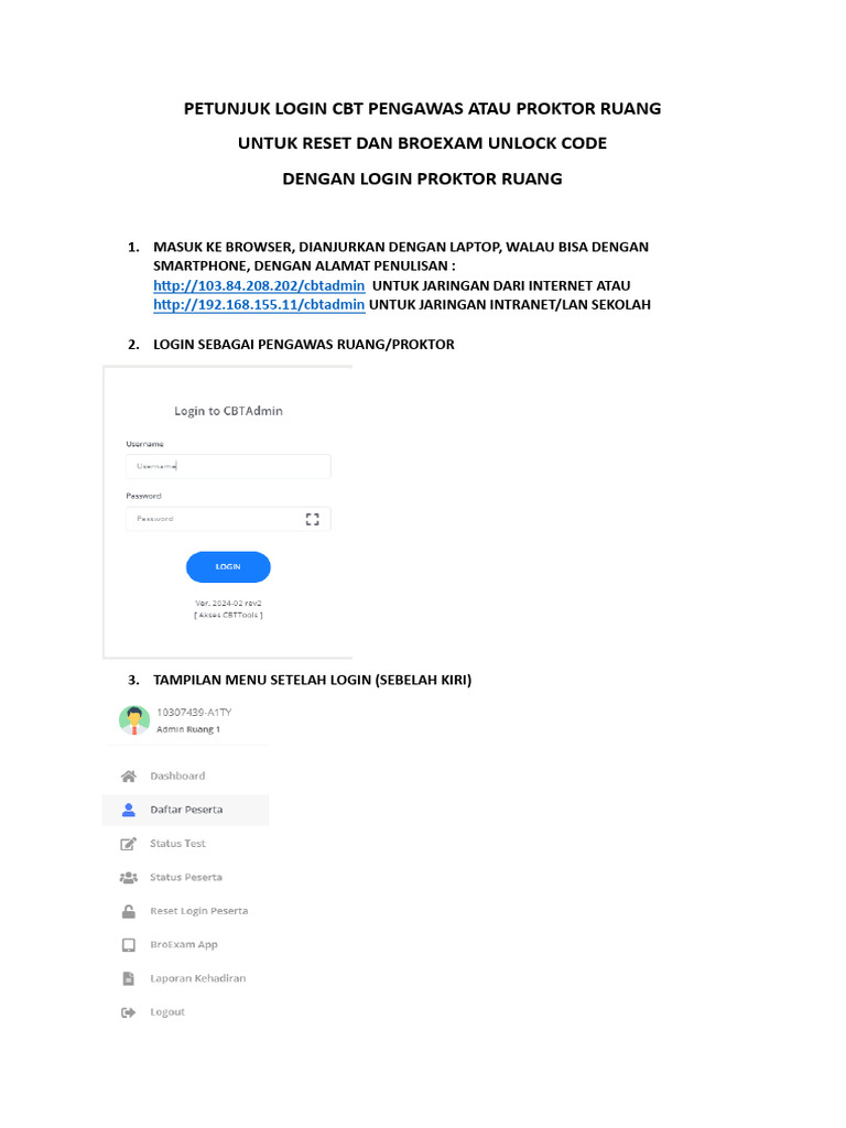 Petunjuk Login CBT Pengawas Atau Proktor Ruang | PDF