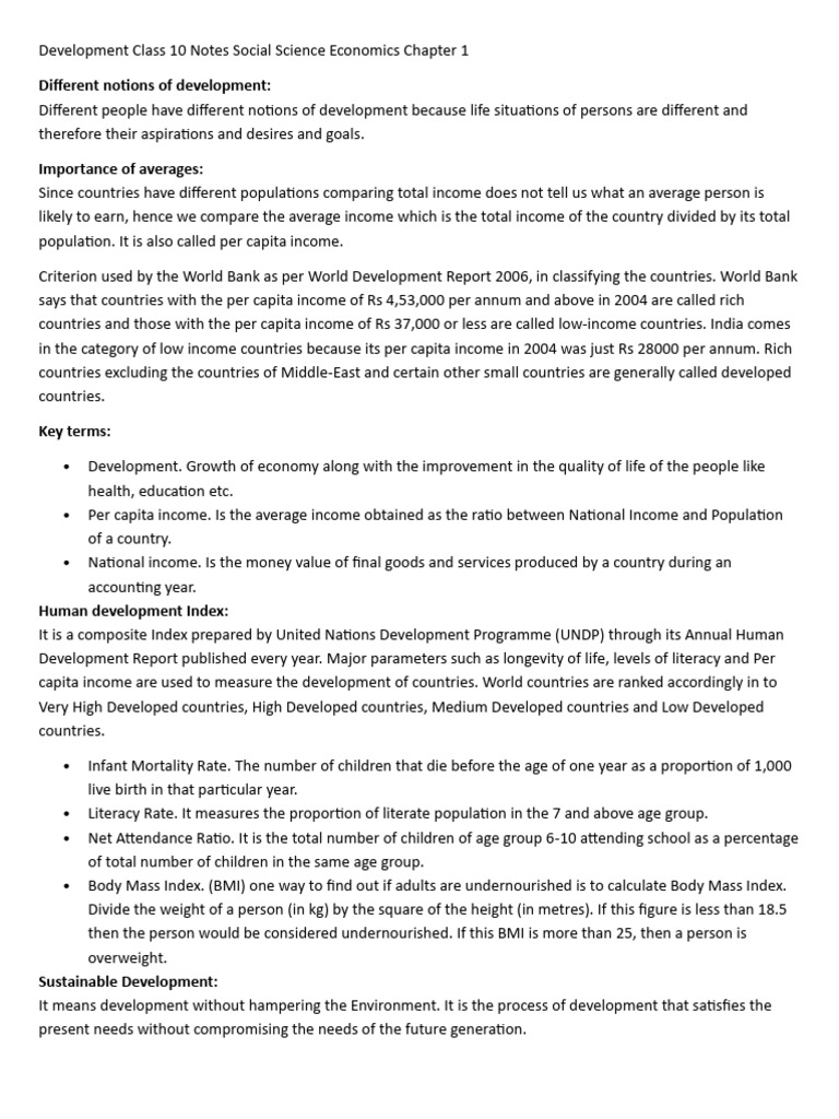 Class 10 Economics Development Notes | PDF | Body Mass Index ...