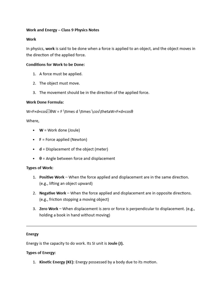 Class 9 Physics: Work and Energy Notes | PDF