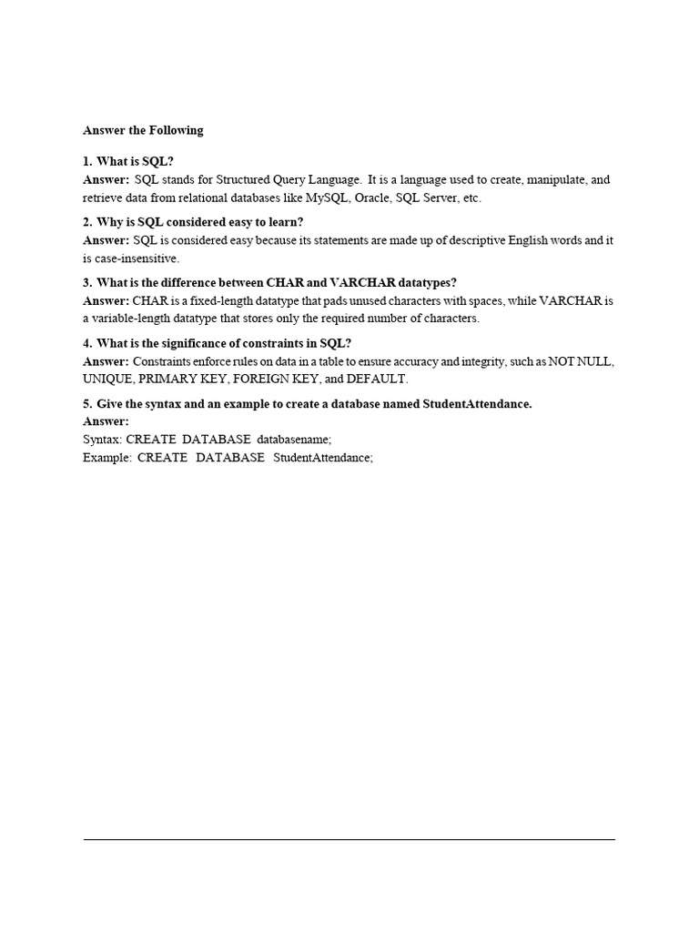 Chapter 9 Structured Query Language (SQL) Questions and Answers | PDF