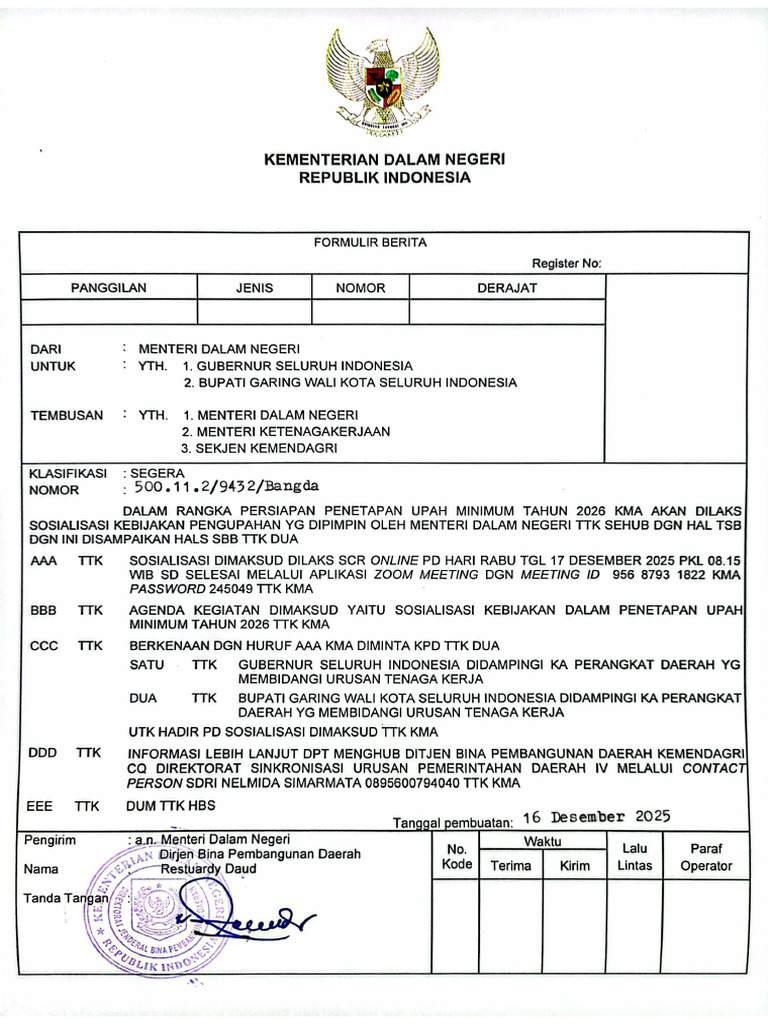 Radiogram Upah Minimum Tahun 2026 | PDF