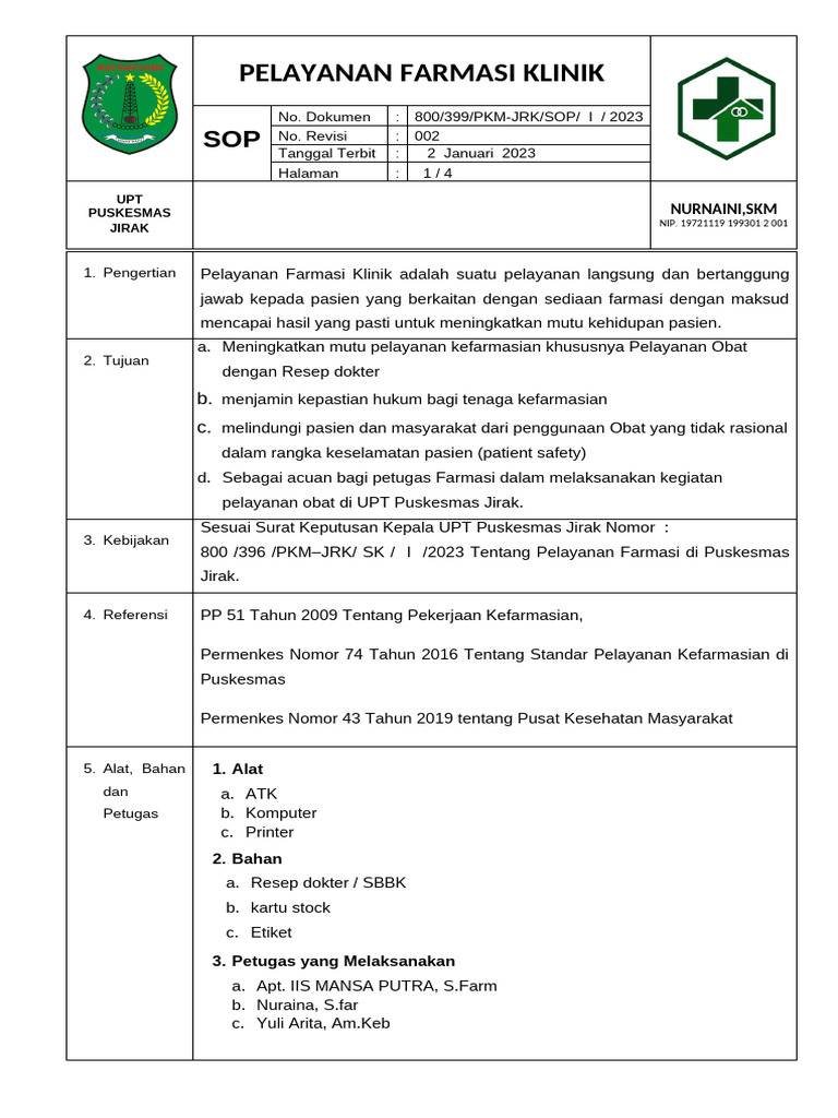 SOP Pelayanan Farmasi Klinik Puskesmas | PDF