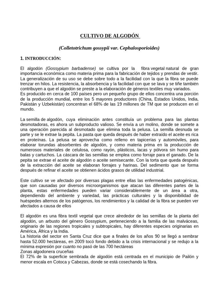 PROYECTO DE ALGODON imprimir. | PDF | Algodón | Agricultura