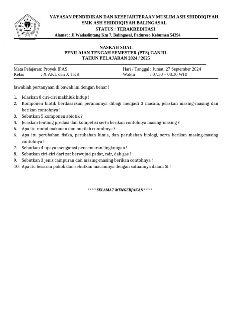 Soal PTS Proyek IPAS SMK Ash Shiddiqiyah | PDF